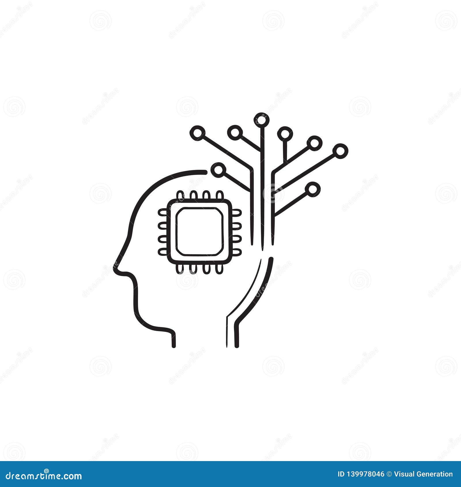 Human Head with Chip and Circuit Hand Drawn Outline Doodle Icon. Stock ...