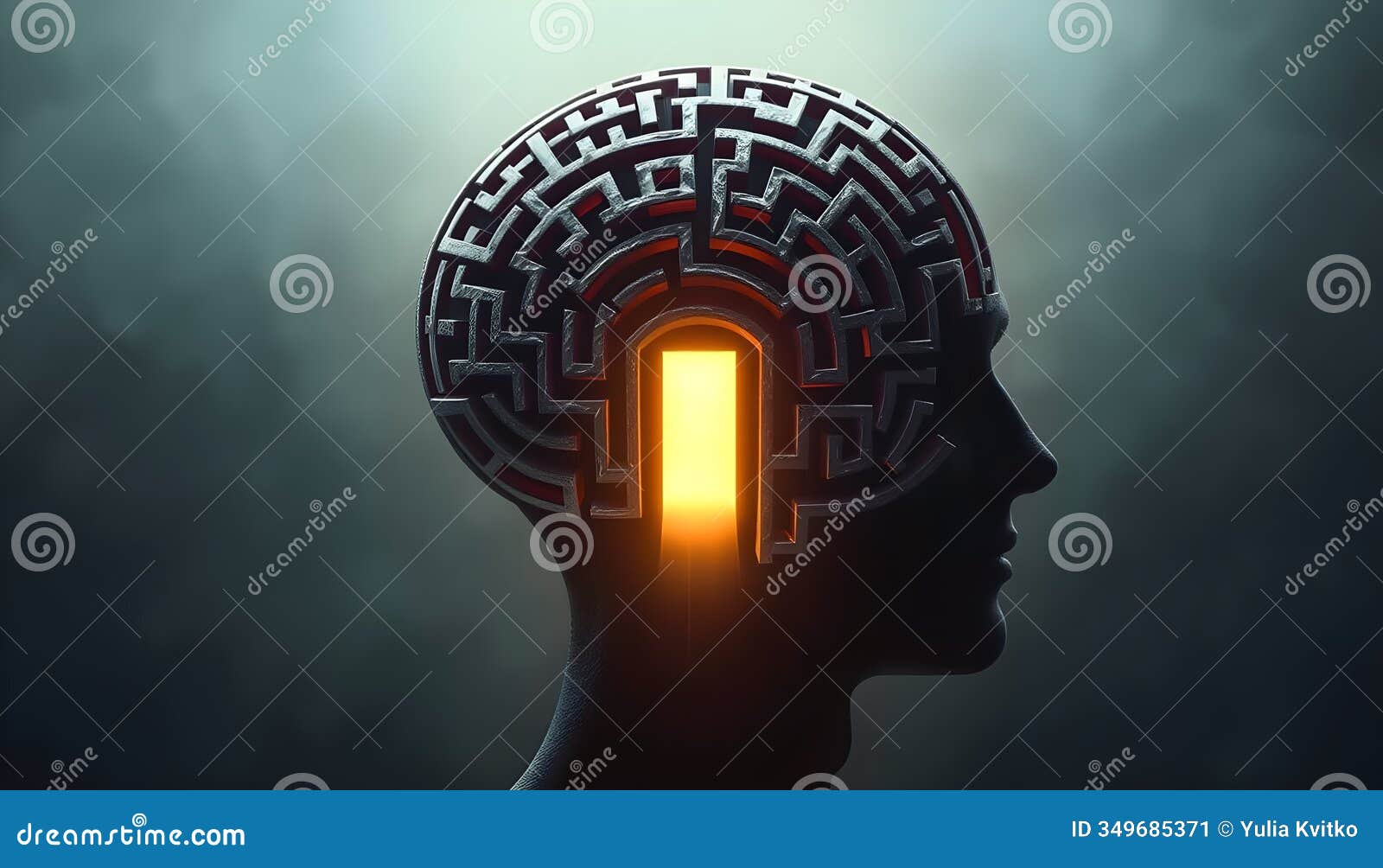 A Human Head Depicted As a Complex Labyrinth, Illuminated by a Faint ...