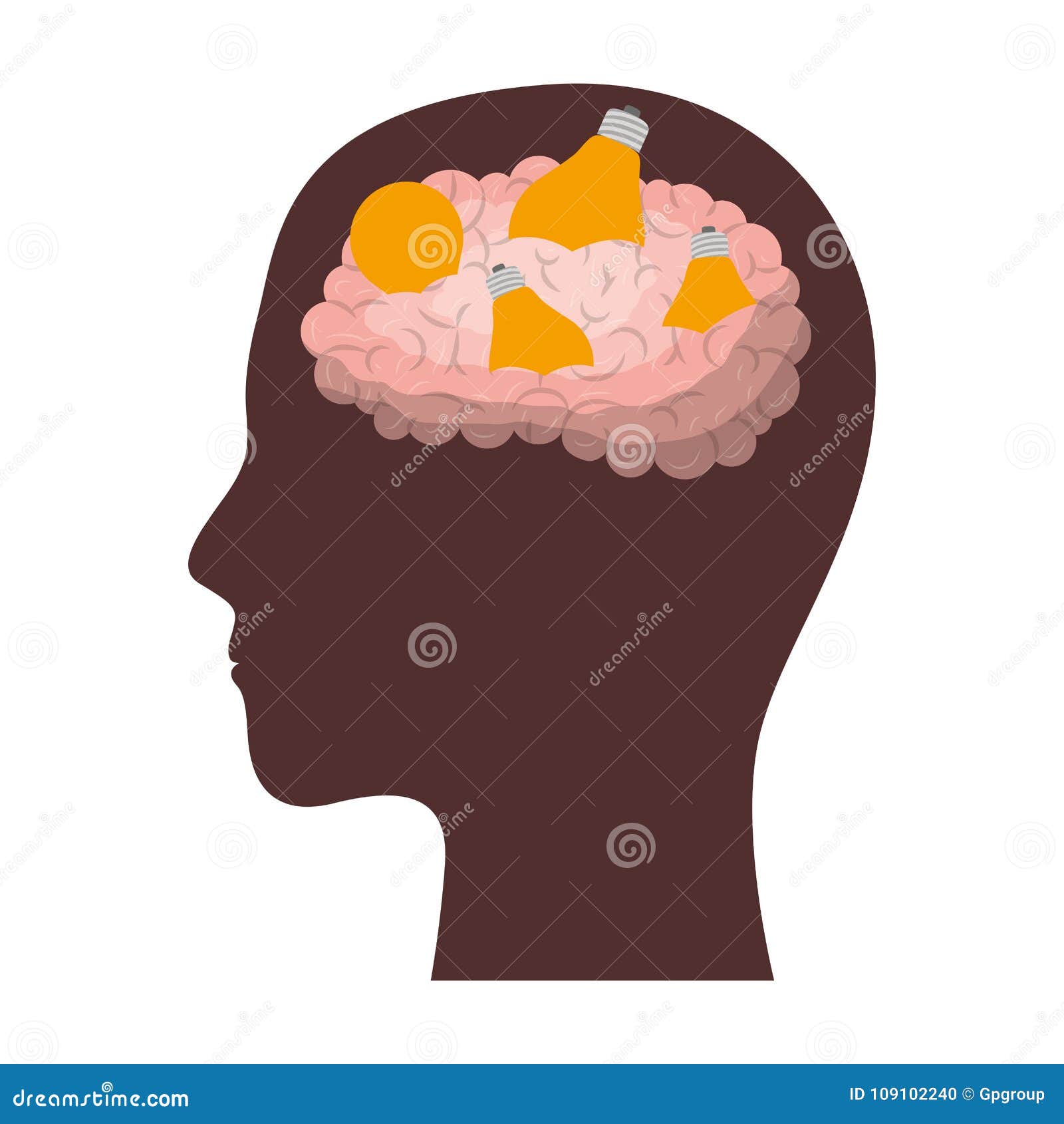 Human Face Brown Silhouette with Brain and Light Bulbs in Colorful ...