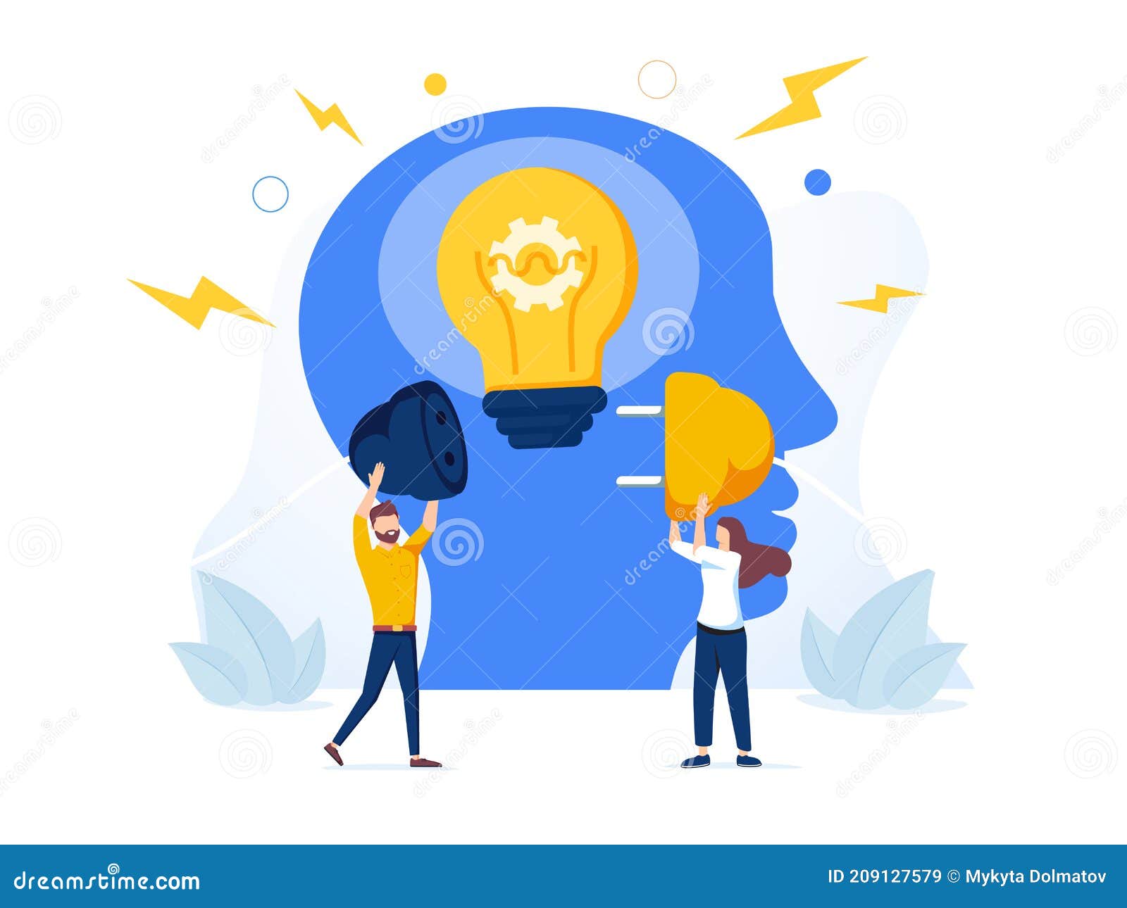 Human Head with Gear Wheels Inside and Man Putting Power Plug into ...