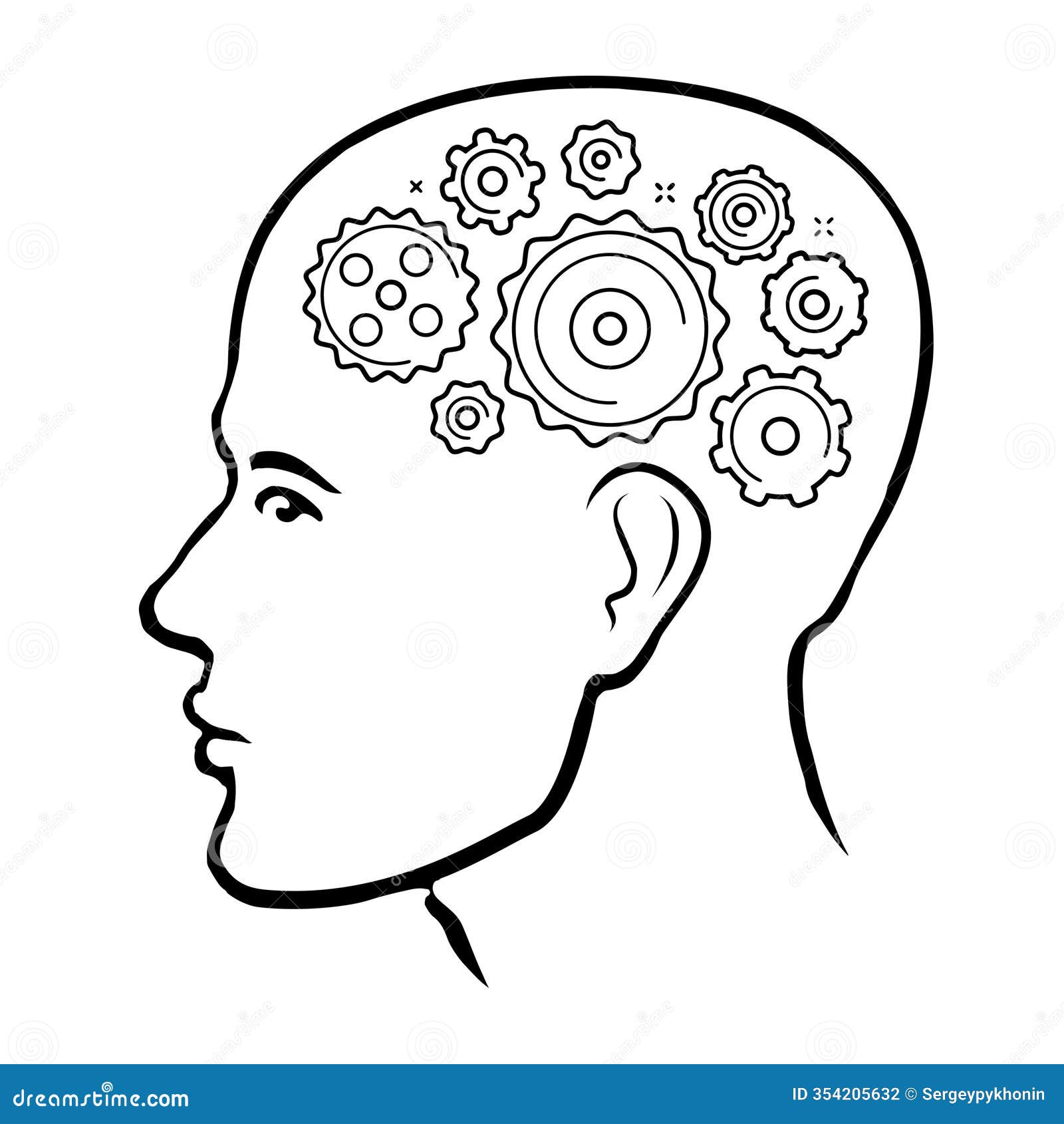Human Head with Gears and Cogwheels. Brain Thinks in Process, Mind ...