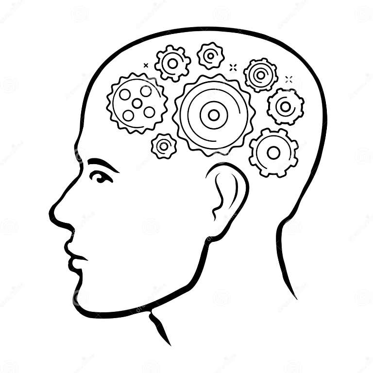 Human Head with Gears and Cogwheels. Brain Thinks in Process, Mind ...