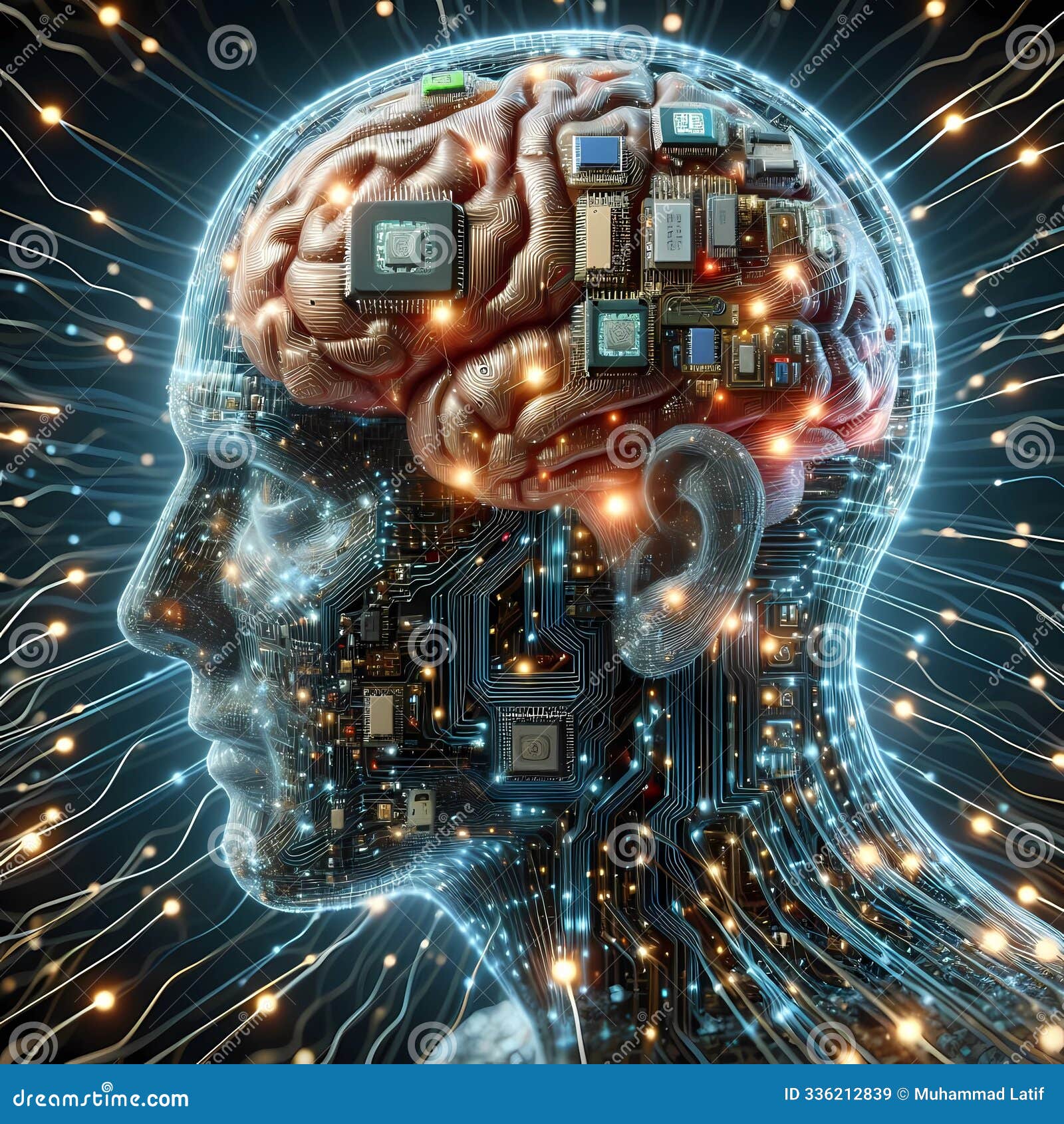 Human Head with Glowing Brain Neurons from Processor, Constructed from ...