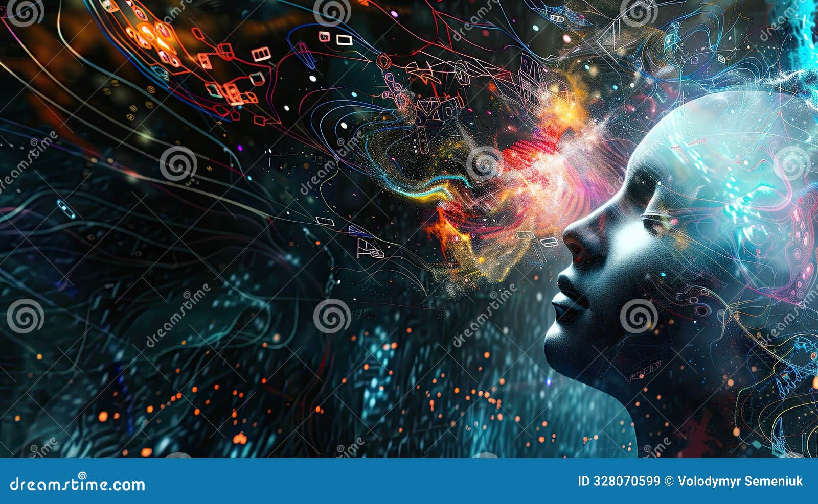 Human Head Immersed in Dynamic Digital Vortex Representing Modern ...