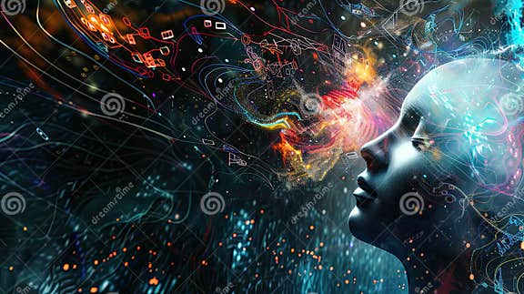 Human Head Immersed in Dynamic Digital Vortex Representing Modern ...