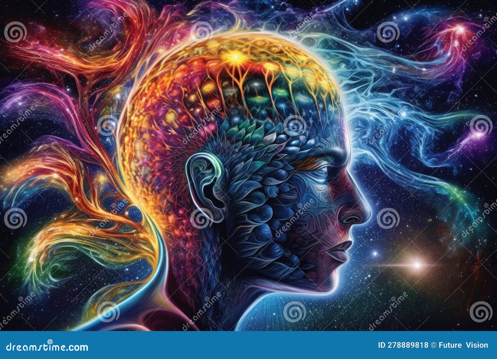 Human Head Made of Colourful Trails Over Space with Stars, Created ...