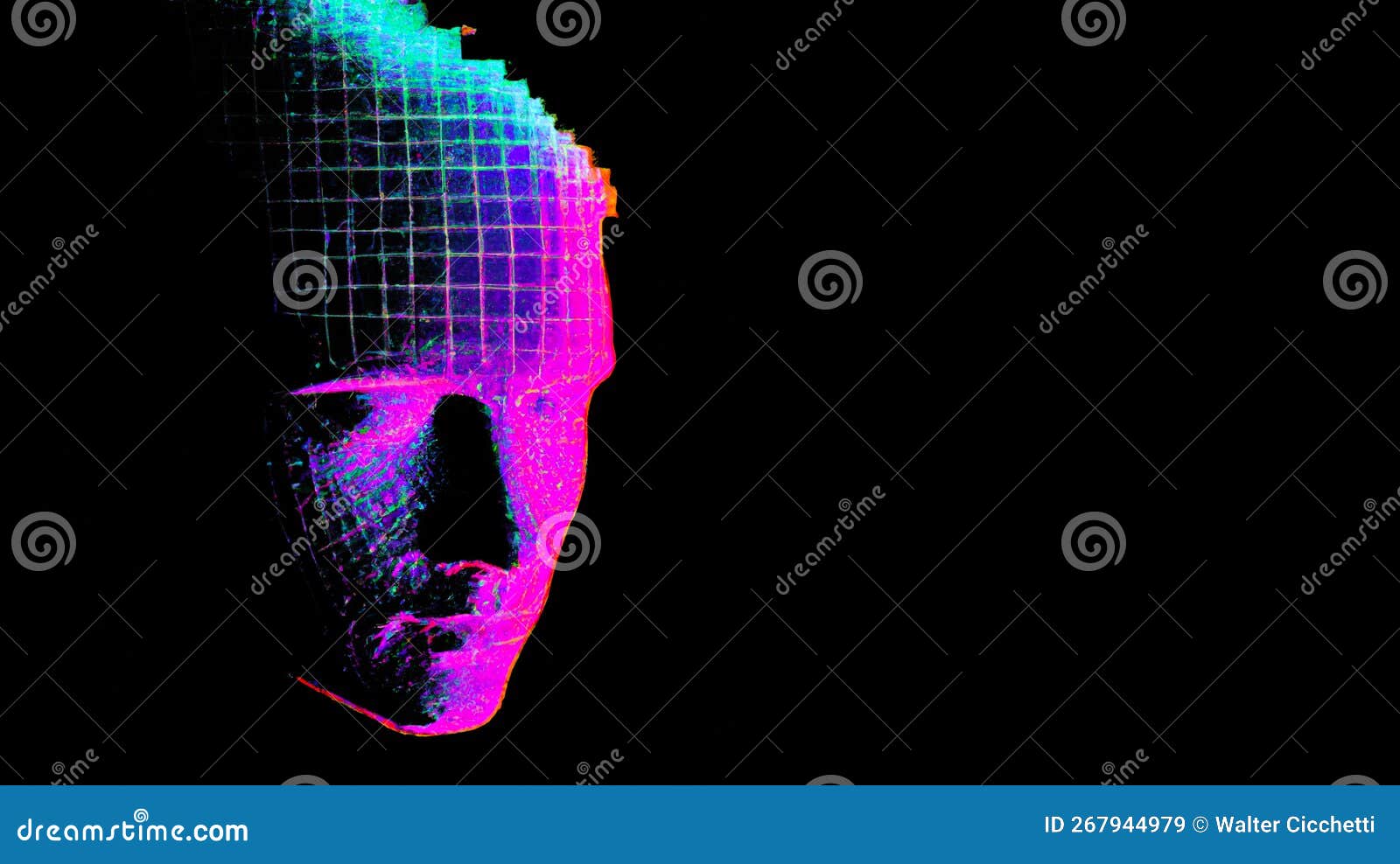 Human Head Made of Pixels in Neon Holographic, Virtual Reality and ...