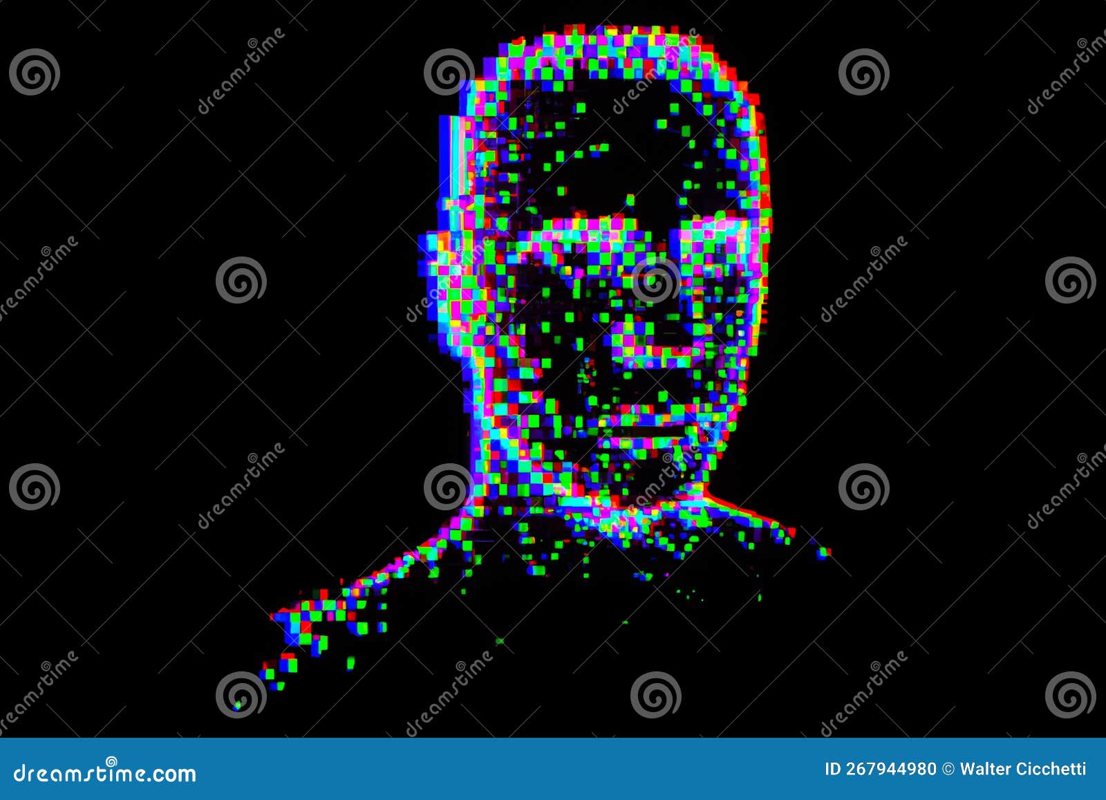 Human Head Made of Pixels in Neon Holographic, Virtual Reality and ...