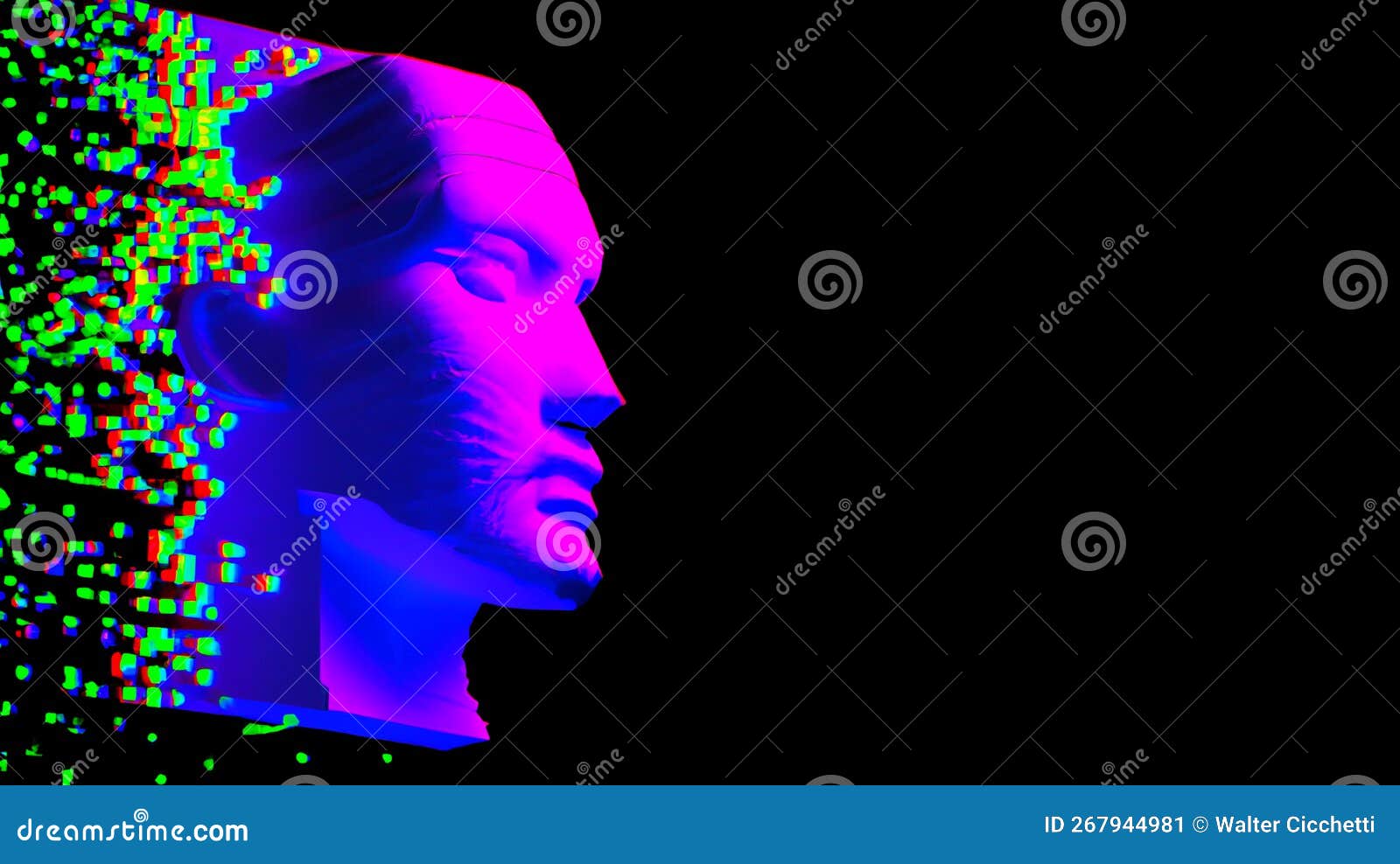 Human Head Made of Pixels in Neon Holographic, Virtual Reality and ...