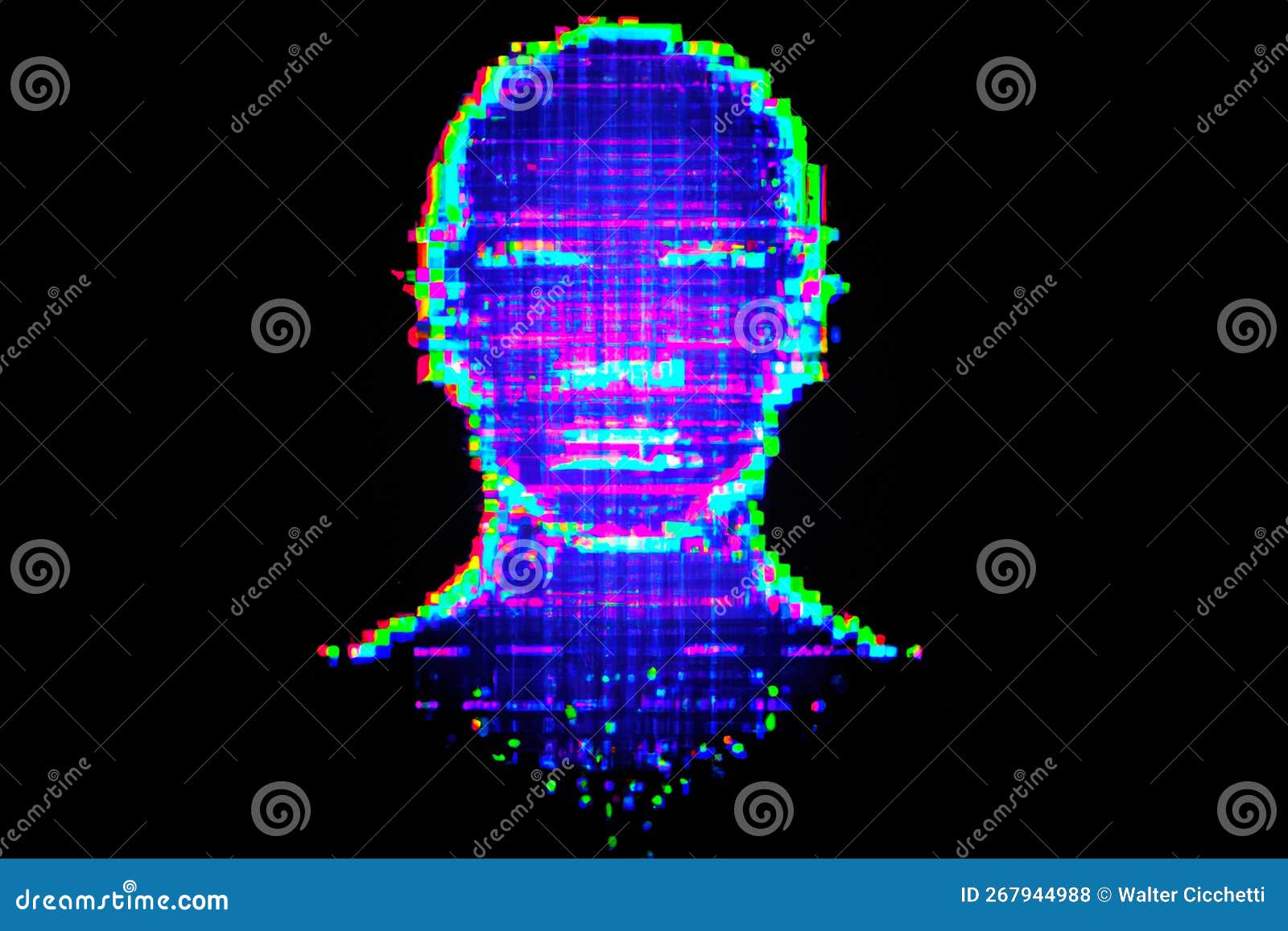 Human Head Made of Pixels in Neon Holographic, Virtual Reality and ...