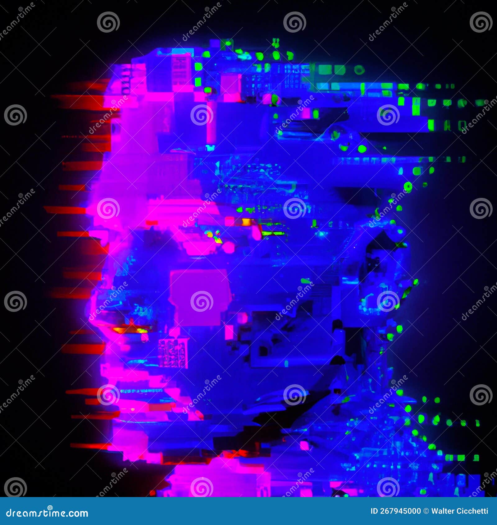 Human Head Made of Pixels in Neon Holographic, Virtual Reality and ...