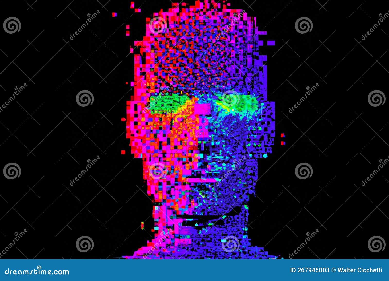 Human Head Made of Pixels in Neon Holographic, Virtual Reality and ...
