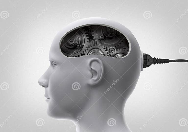 Human Head with Mechanical Brain Stock Illustration - Illustration of ...