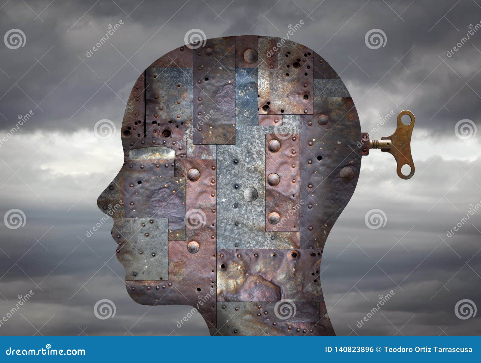 Human Head with Mechanical Brain Stock Photo - Image of mask ...