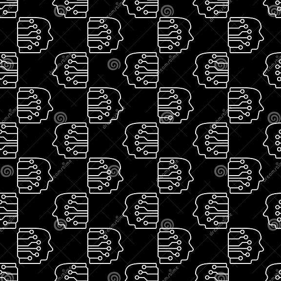 Human Head With Neural Network Vector Ai Concept Line Dark Seamless Pattern Stock Illustration