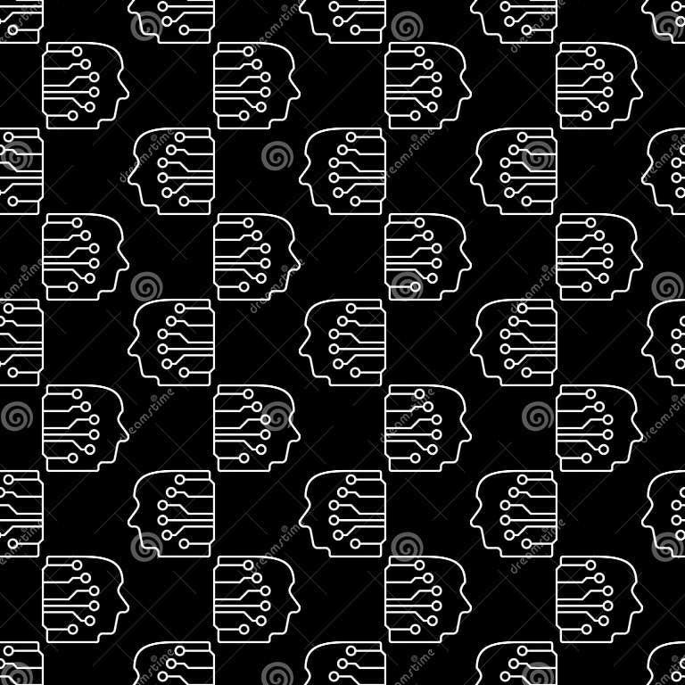 Human Head With Neural Network Vector Ai Concept Line Dark Seamless Pattern Stock Illustration