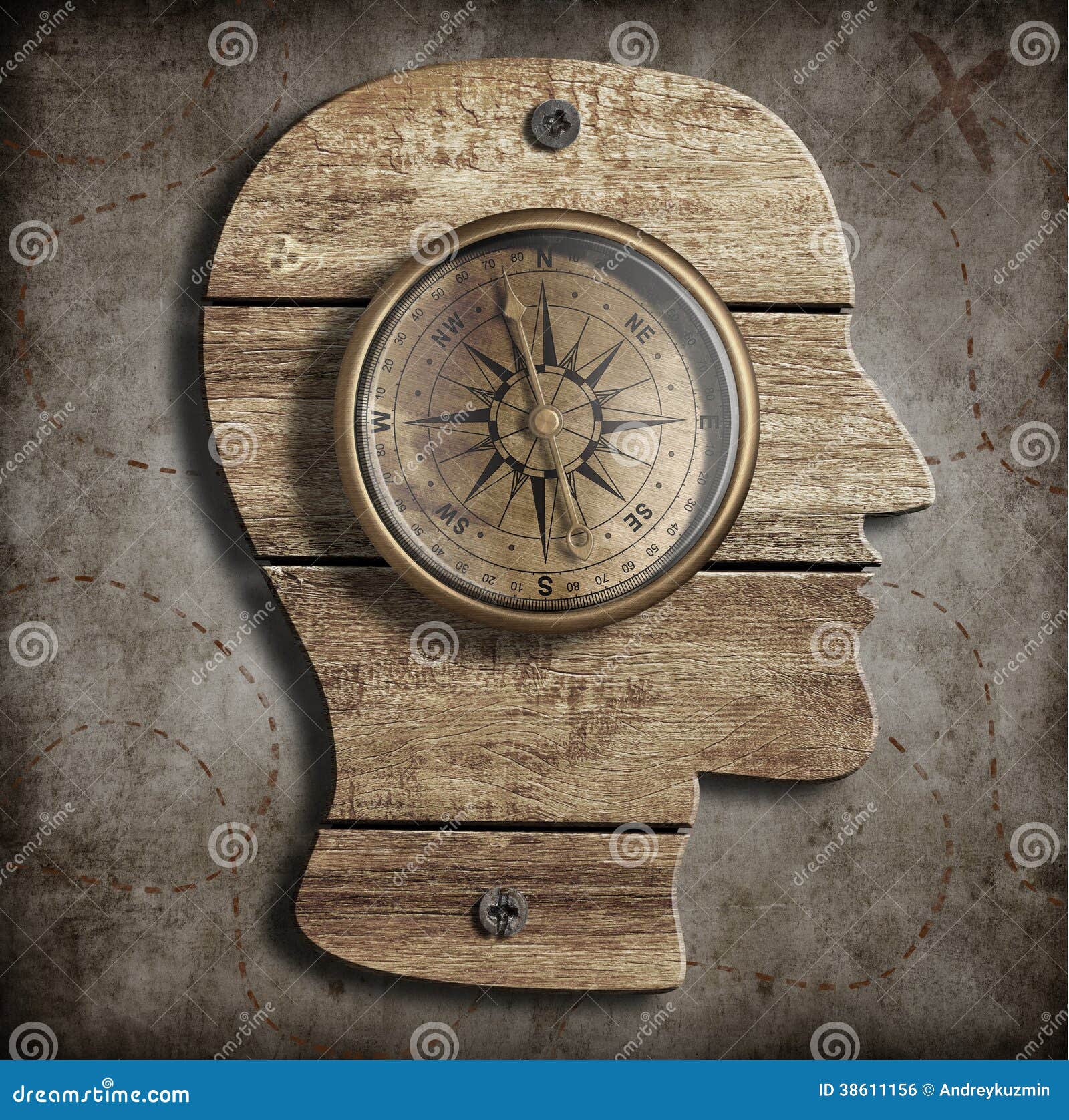 Human Head and Old Compass. Idea Concept. Stock Illustration ...