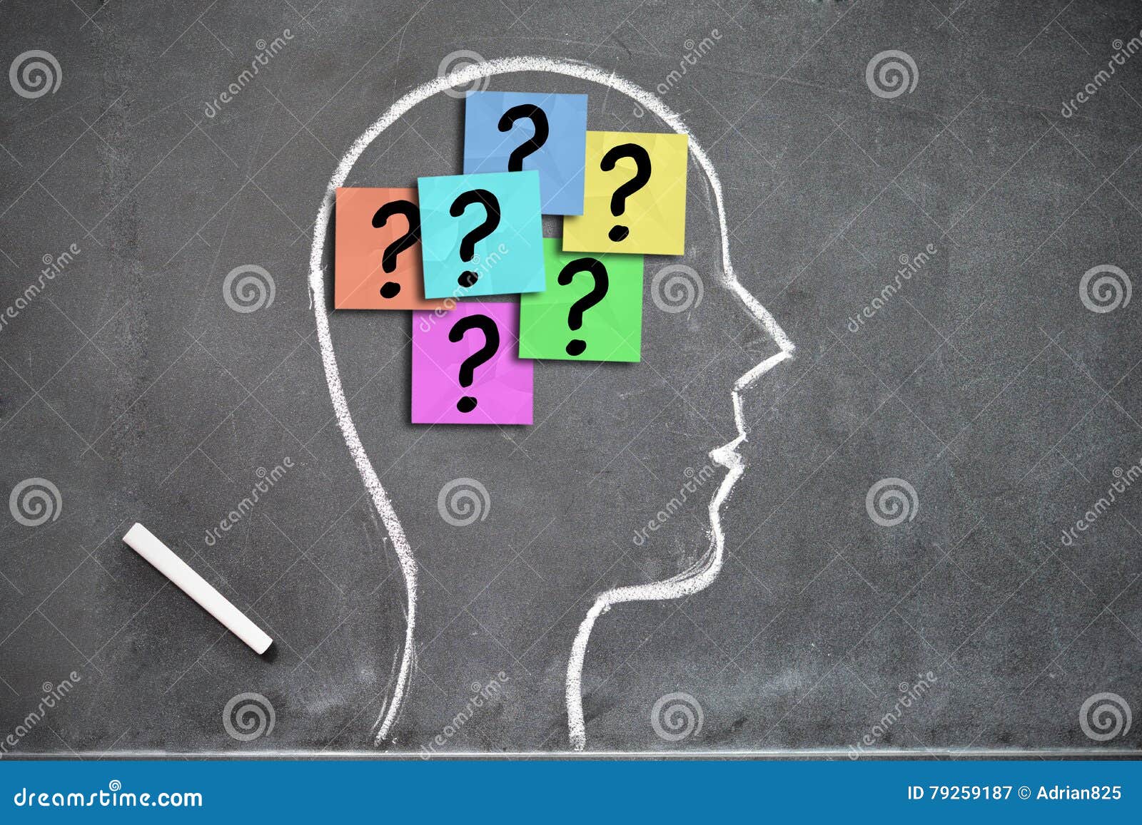 Human Head Shape On A Blackboard With Question Marks On Post-its Inside ...