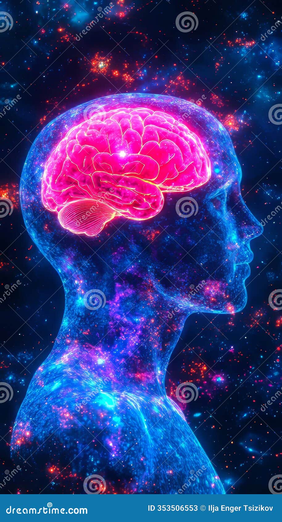 Human Head Silhouette, Illuminated Brain, Glowing Spot, Celestial ...
