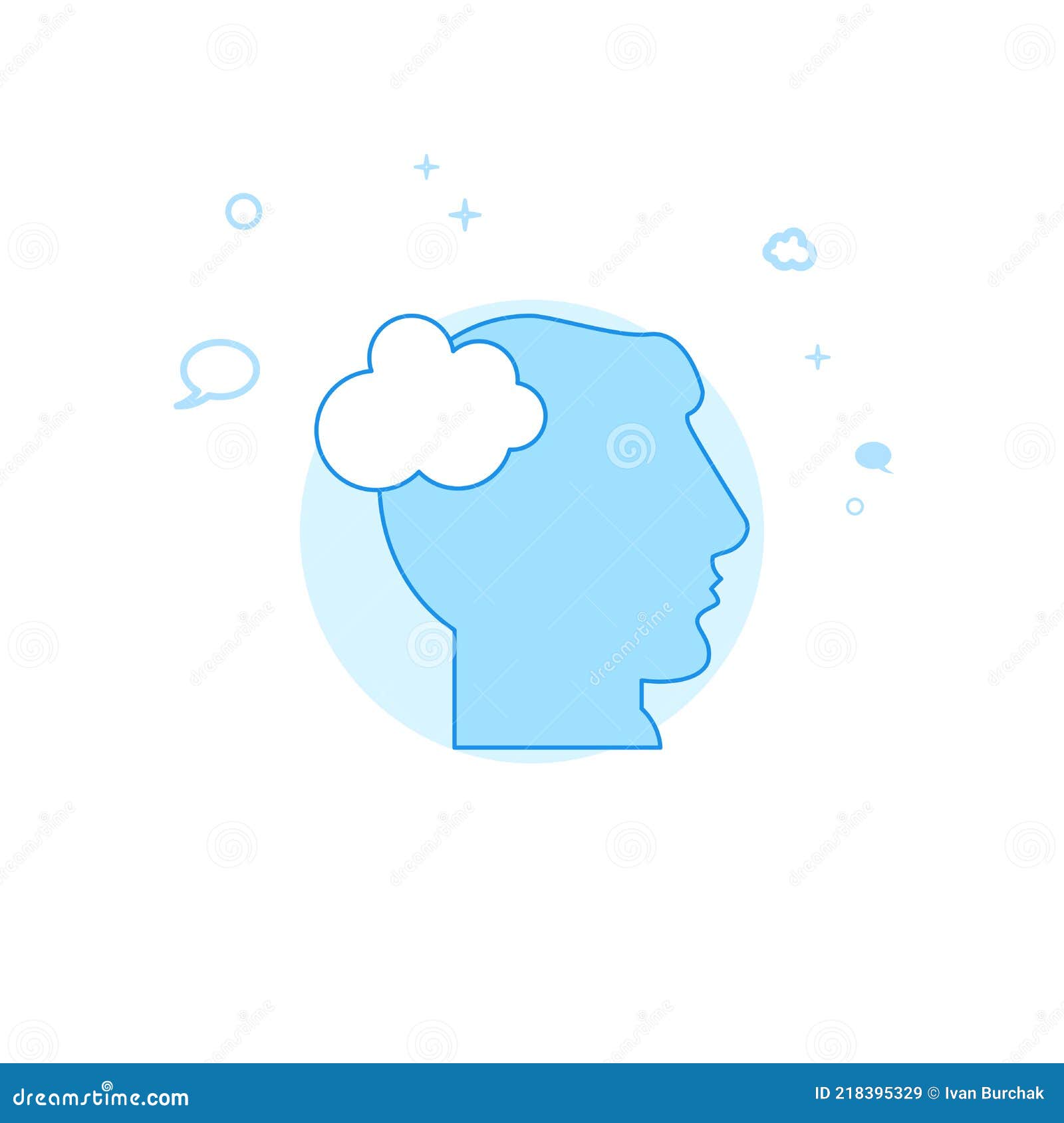 Human Head, Think Cloud Flat Vector Illustration, Icon. Light Blue ...