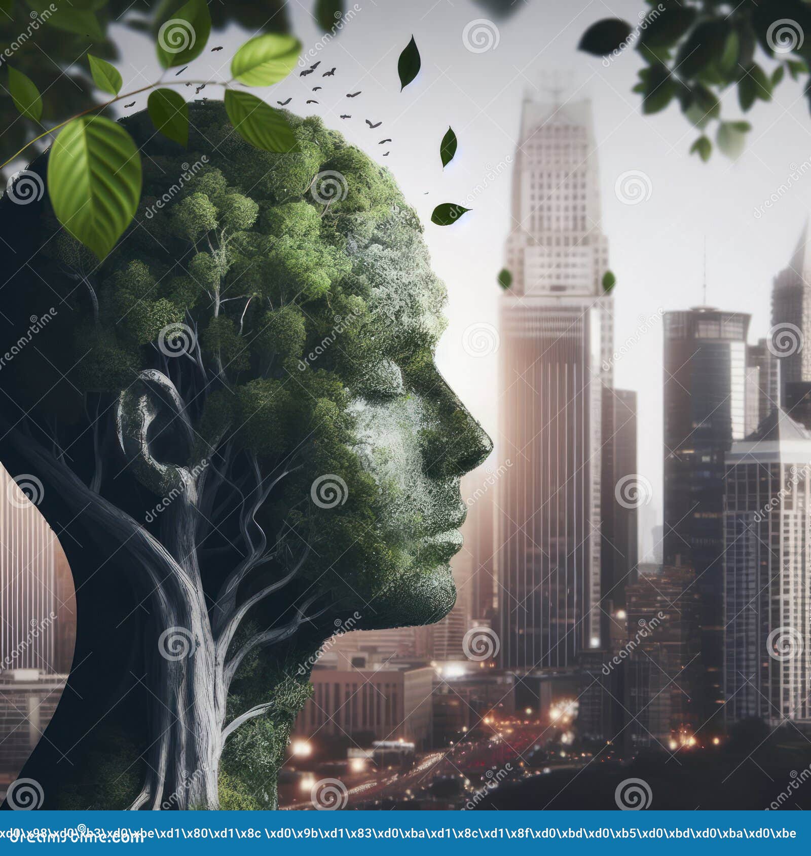 Human Head and Tree Leaves. Concept of Meditation Stock Illustration ...