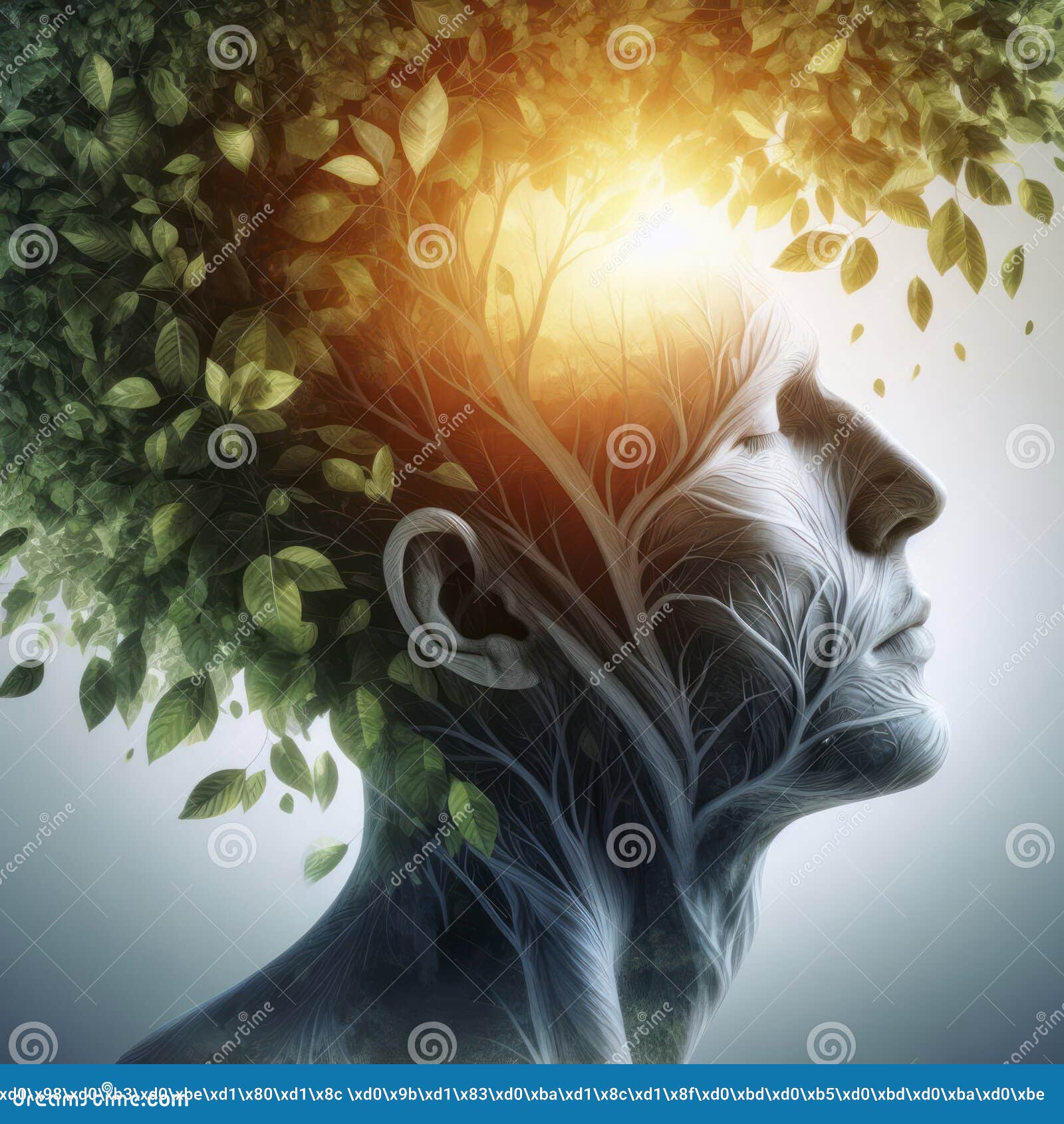 Human Head and Tree Leaves. Concept of Meditation Stock Illustration ...
