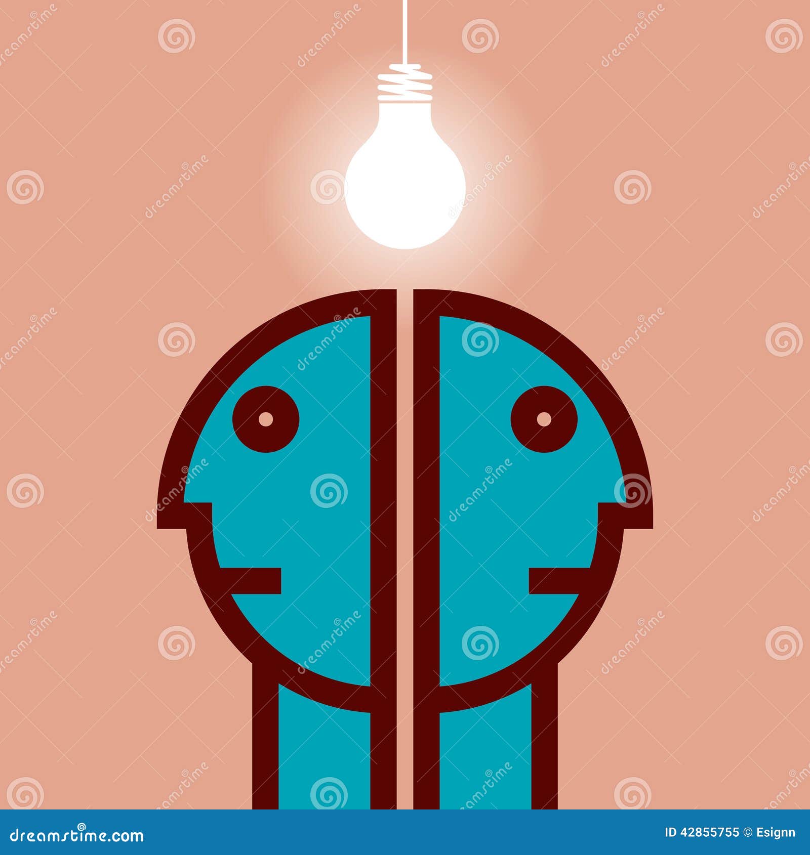 Two Heads With Lamp Logo. Teamwork Synergy Sign. Cartoon Vector ...