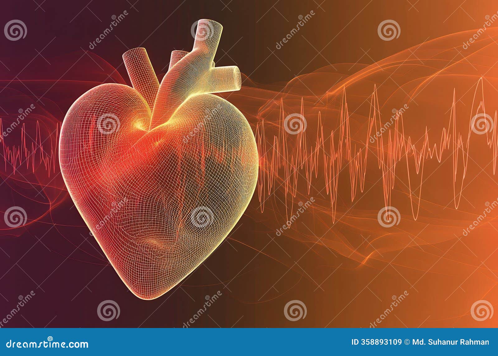 Human Heart Anatomy 3D Wireframe Model with EKG Waveform Stock ...