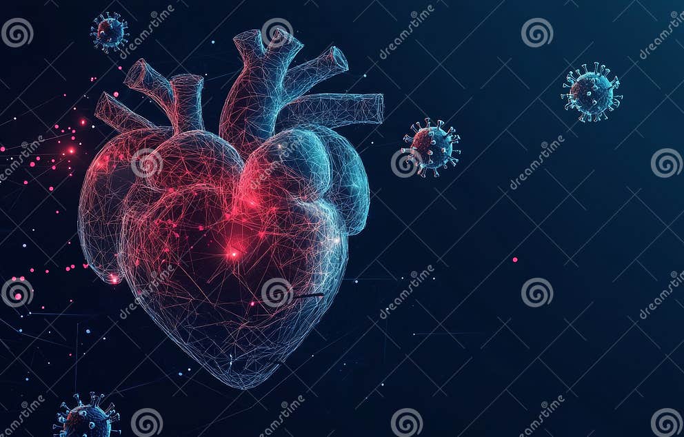 Human Heart Concept with Attacking Blue Viruses. Low Poly Style Design ...