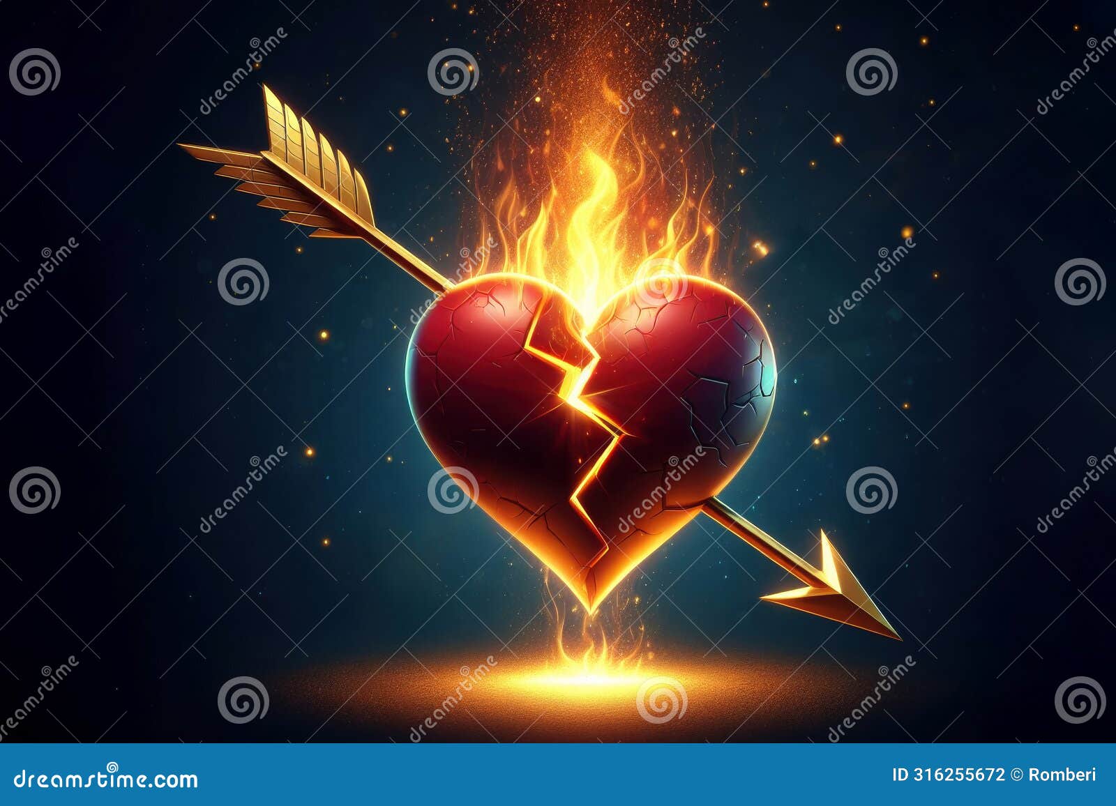 A Human Heart Pierced by an Arrow Has Burst in Half and is Burning with ...