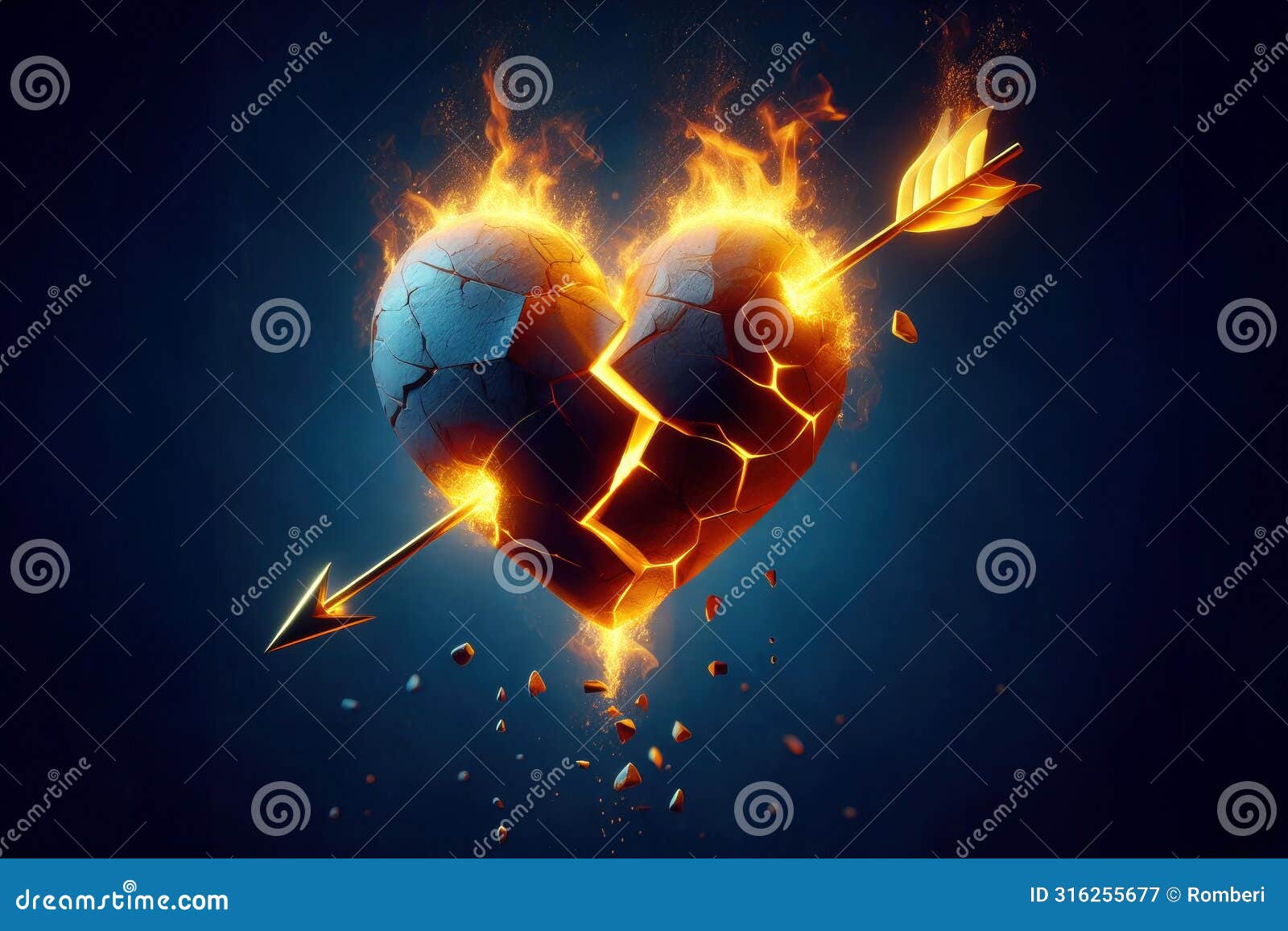 A Human Heart Pierced by an Arrow Has Burst in Half and is Burning with ...
