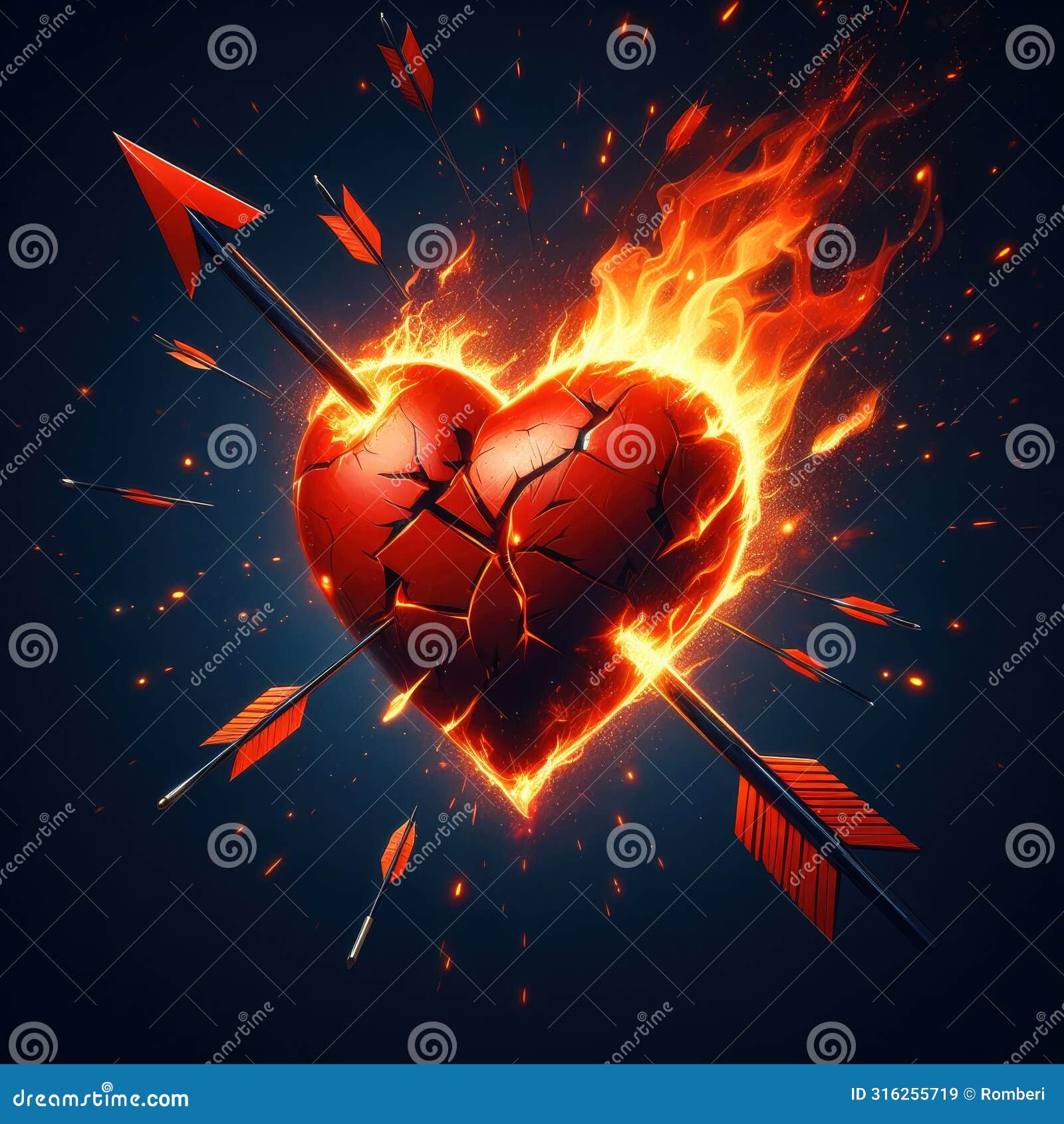 A Human Heart Pierced by an Arrow Has Burst in Half and is Burning with ...