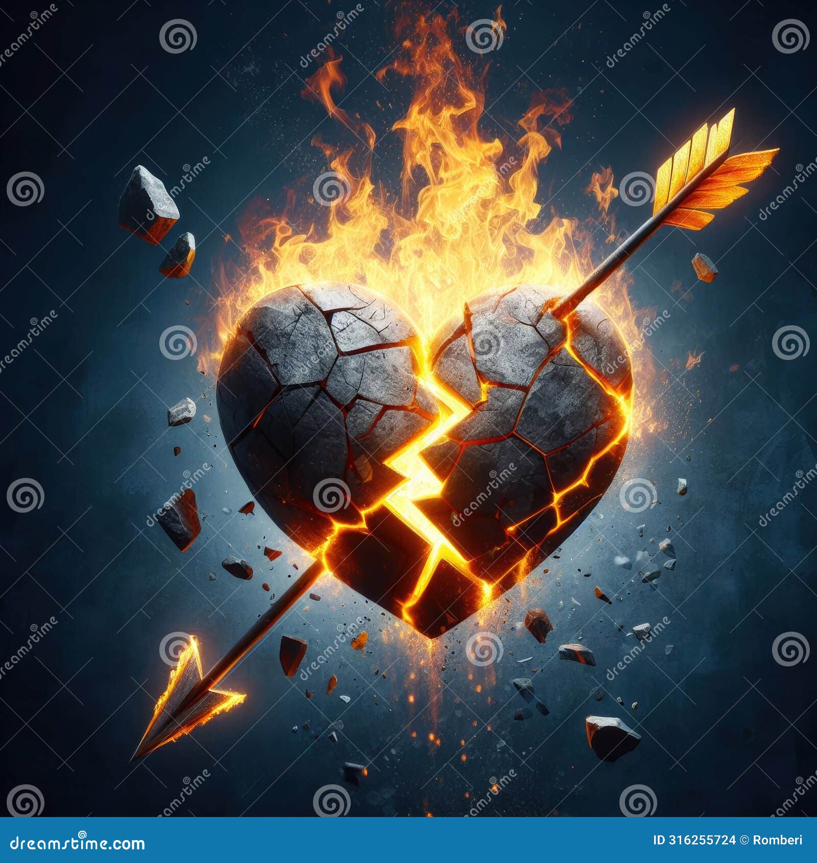 A Human Heart Pierced by an Arrow Has Burst in Half and is Burning with ...