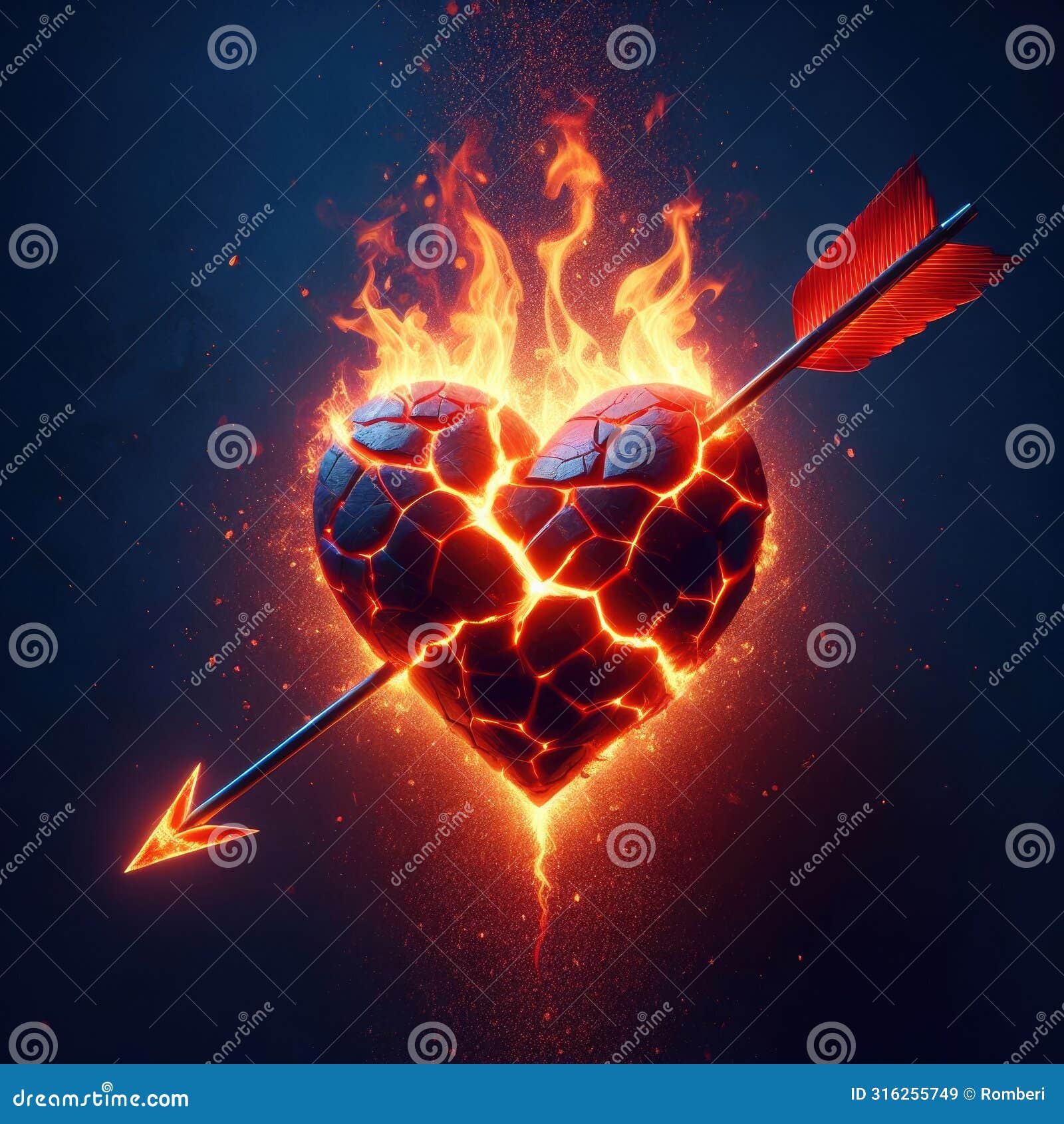 A Human Heart Pierced by an Arrow Has Burst in Half and is Burning with ...