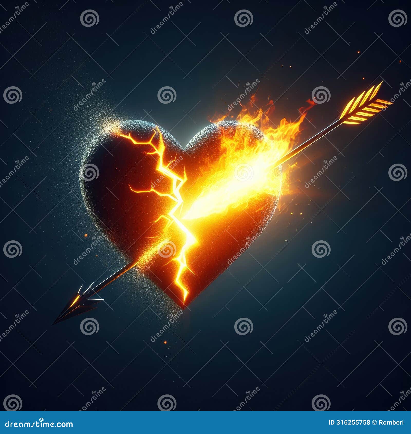 A Human Heart Pierced by an Arrow Has Burst in Half and is Burning with ...