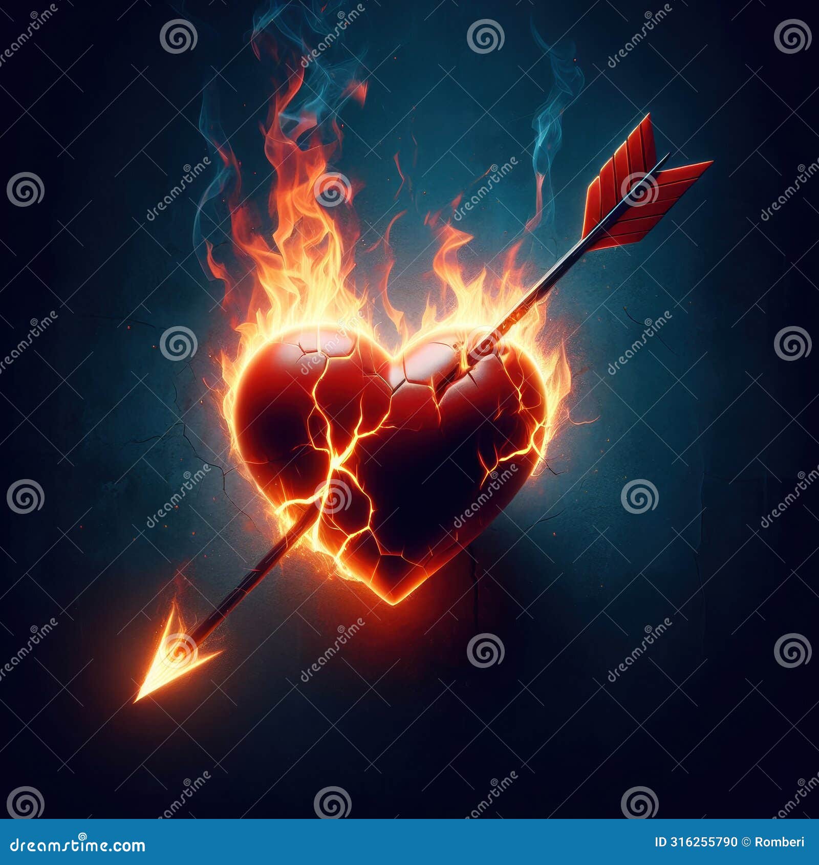 A Human Heart Pierced by an Arrow Has Burst in Half and is Burning with ...