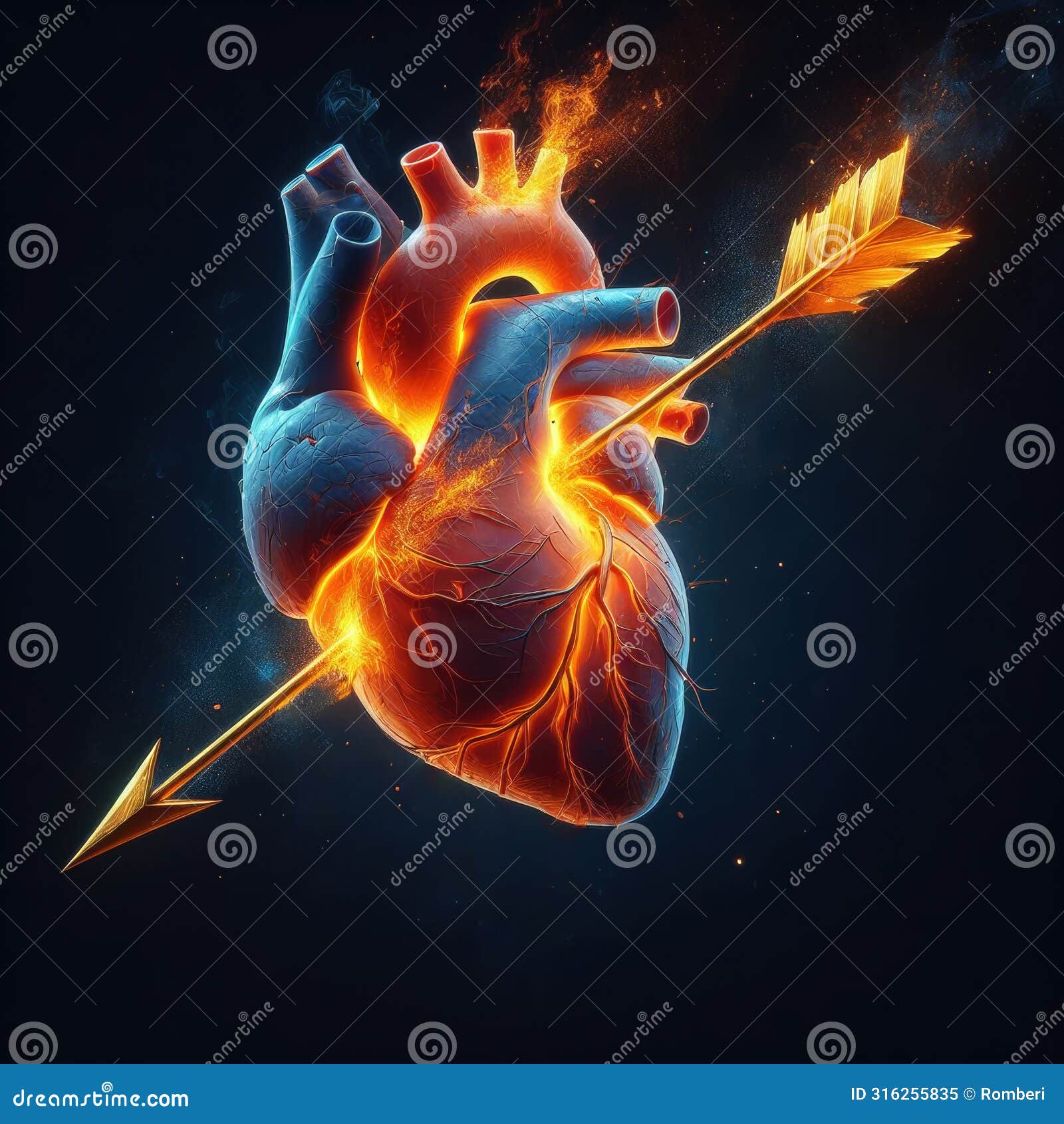 A Human Heart Pierced by an Arrow Has Burst in Half and is Burning with ...