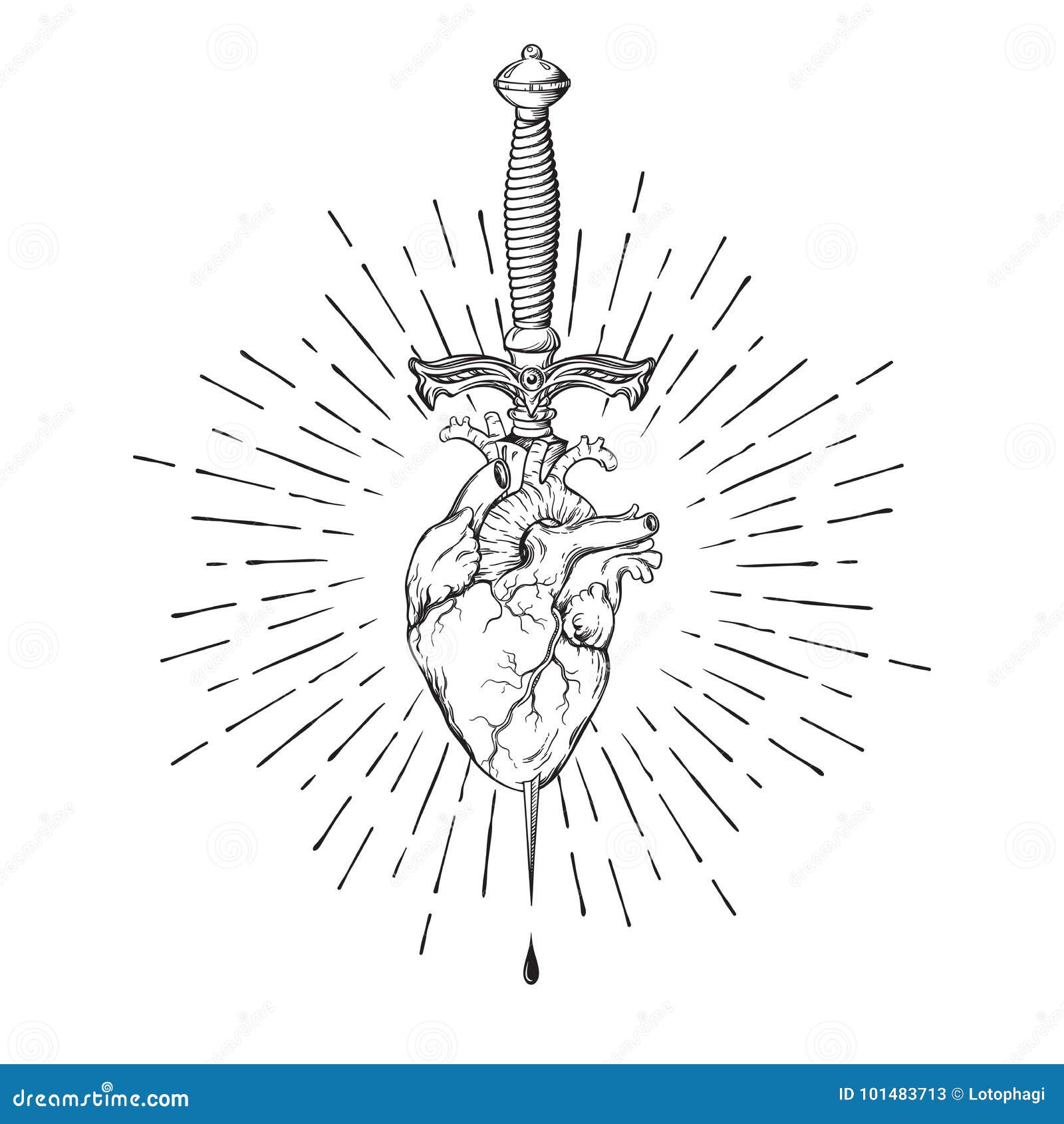 Human Heart Pierced With Ritual Dagger In Rays Of Light Isolated On ...