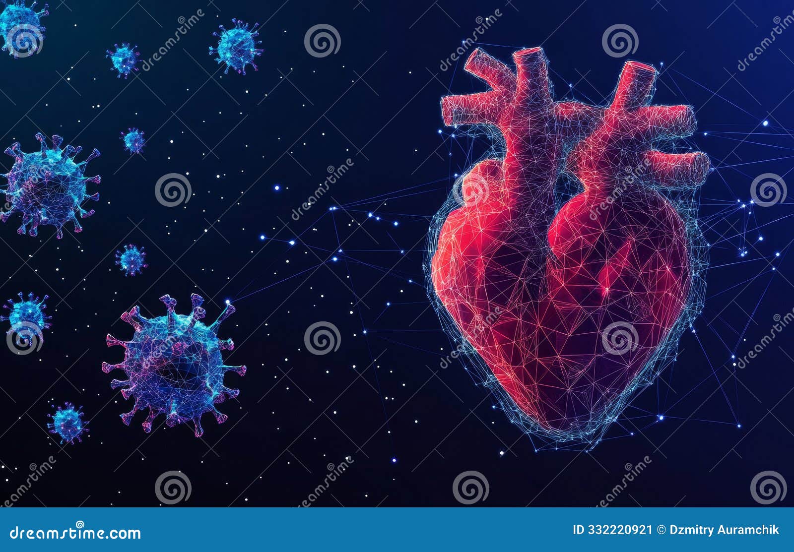 Human Heart in Red with Attacking Blue Viruses. Medical Concept in Low ...