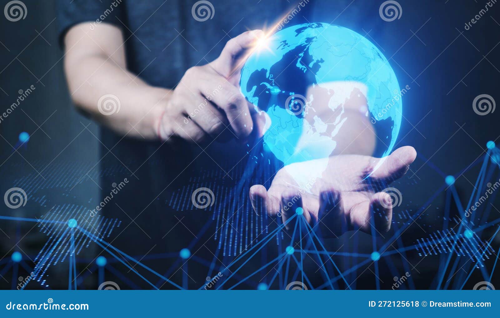 Human Hold and Point Glow Earth Hologram Stock Photo - Image of sphere ...