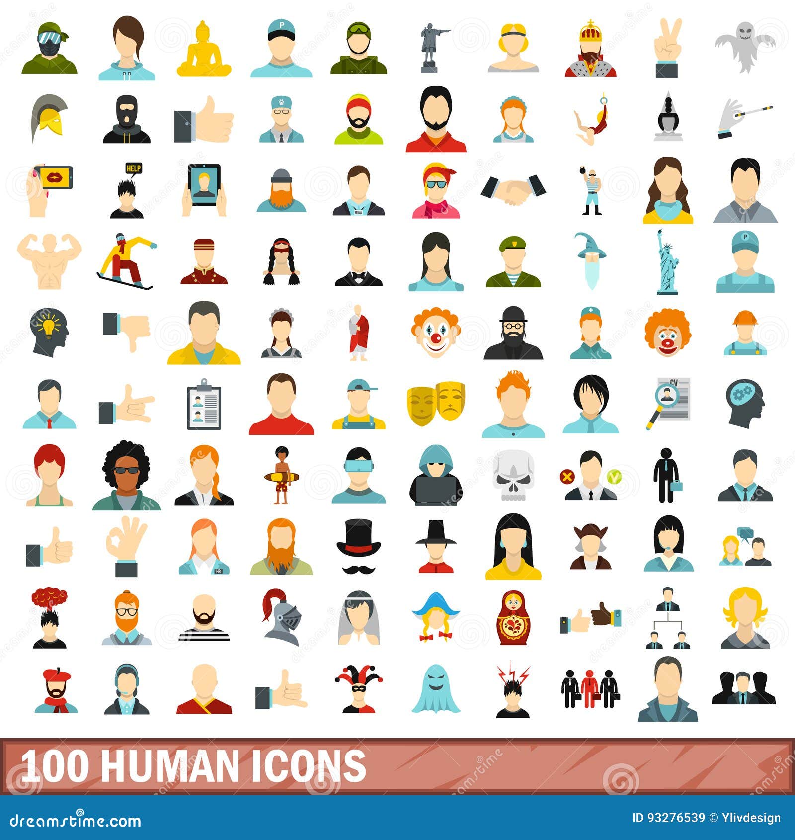 100 Human Icons Set, Flat Style Stock Vector - Illustration of helmet ...