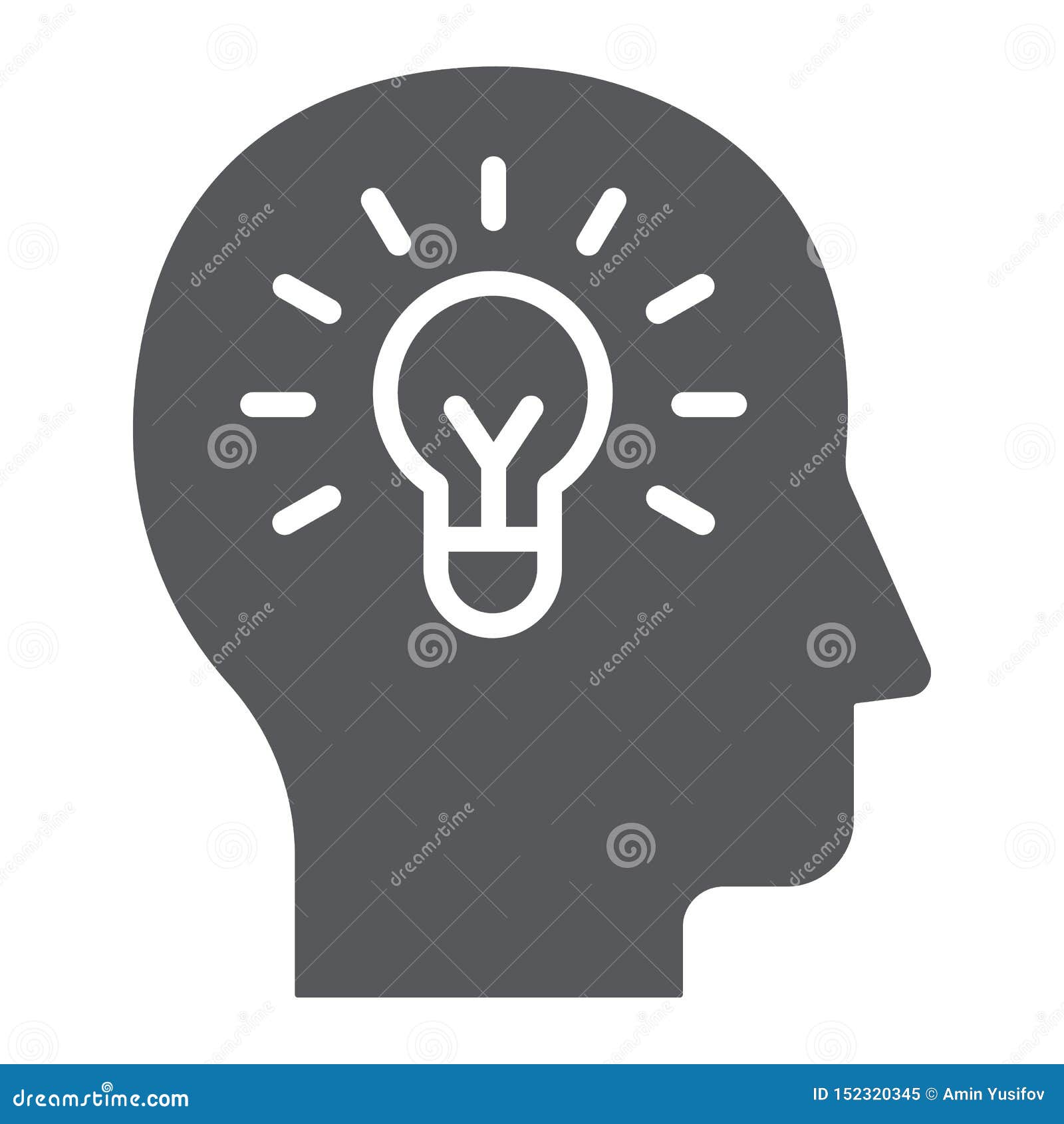 Human Idea Glyph Icon, Creativity and Solution, Light Bulb in Head Sign ...