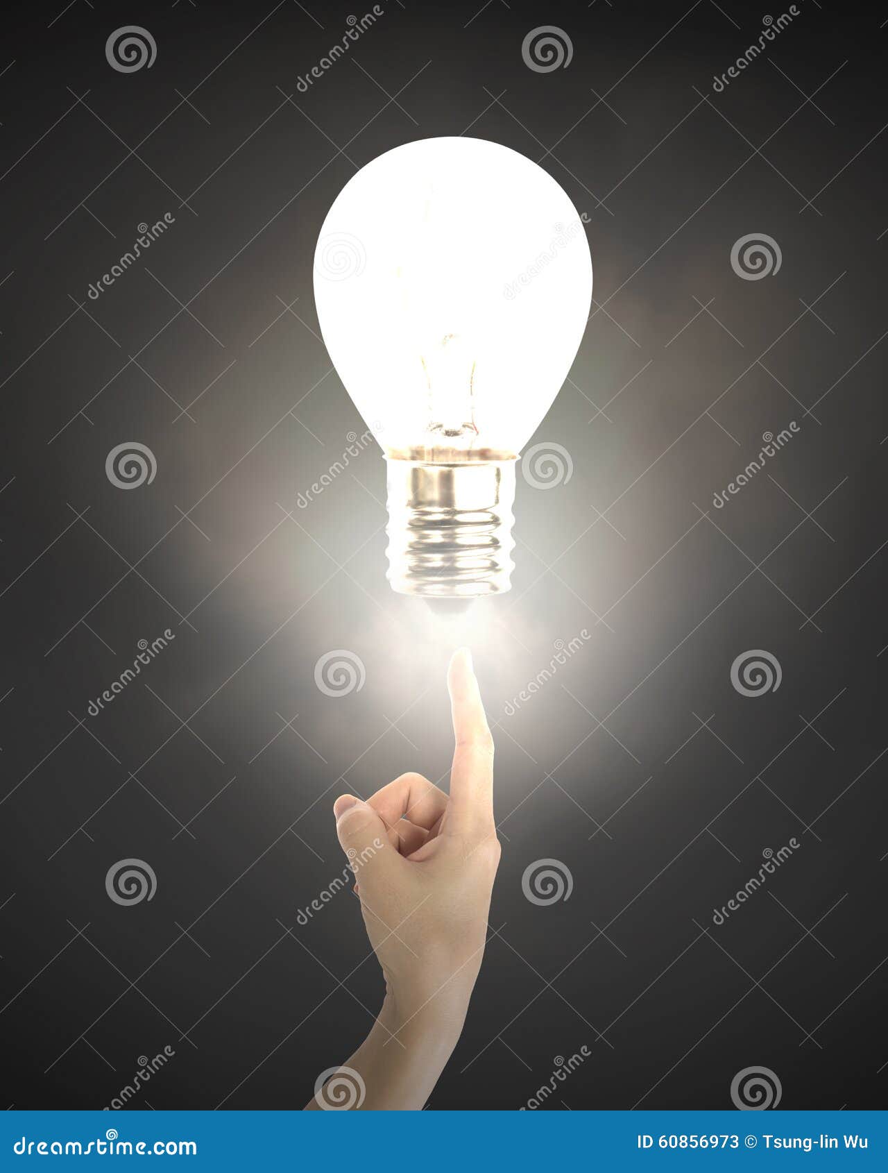 Human Index Finger Pointing at Lightbulb with Bright Light Stock Image ...