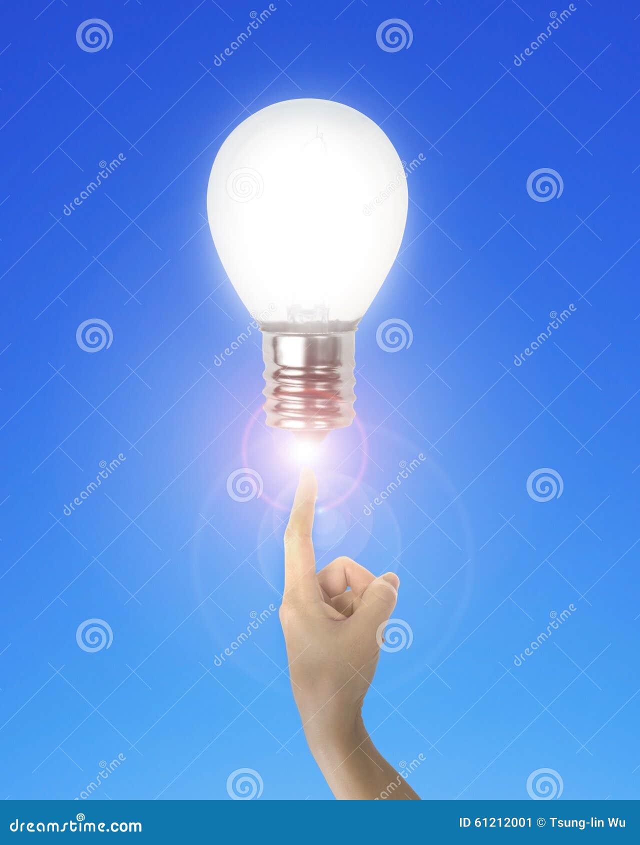 Human Index Finger Pointing at Lightbulb with Bright Light Stock Image ...