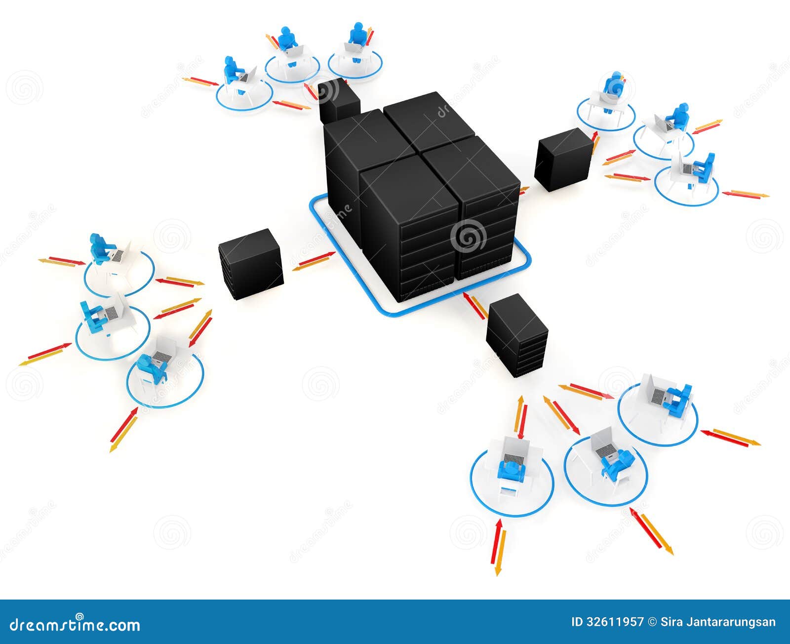 Human and Laptop with Big Server NetWork. 3D Image Stock Illustration ...