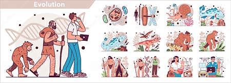 Human and Life Forms on Earth Evolution Set. Evolutionary Development ...