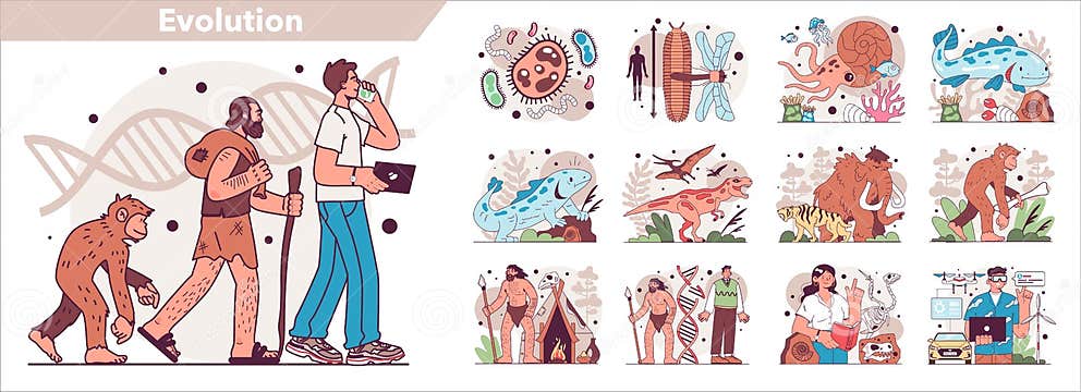 Human and Life Forms on Earth Evolution Set. Evolutionary Development ...