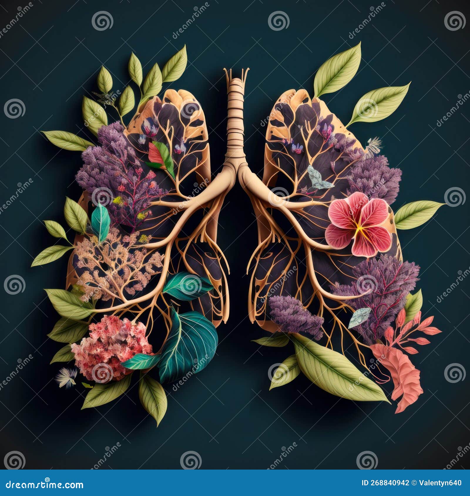 Human Lungs Consisting of Tree Branches Leaves and Flowers. Generative ...