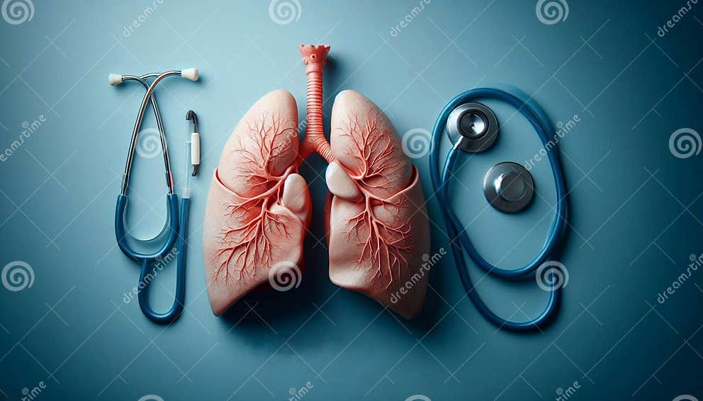 Human Lungs Model with Stethoscope on Empty Blue Background with Space ...