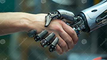Human and Machine Handshake Representing Tech Integration Generative Ai ...